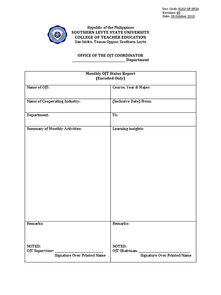 OJT Monthly Status Report | PDF