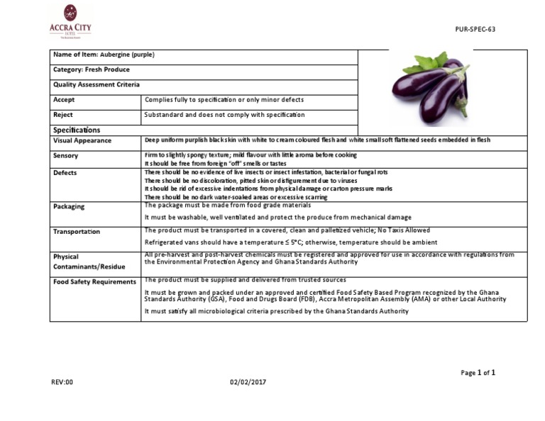 Specifications: Name of Item: Category: Fresh Produce Quality ...