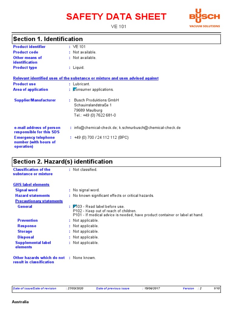 Safety Data Sheet: Section 1. Identification | Download Free PDF | Dangerous Goods | Firefighting