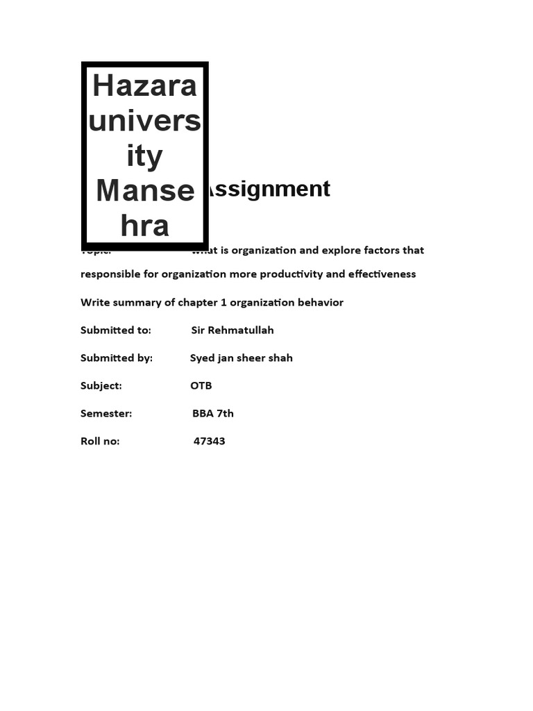 Hazara Univers Ity Manse Hra: Assignment | PDF | Organizational Behavior | Industrial And ...