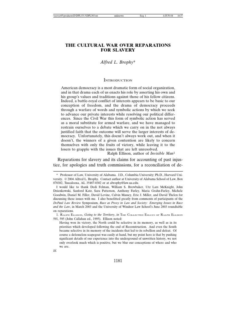 The Cultural War Over Reparations For Slavery by Alfred L Brophy | PDF ...