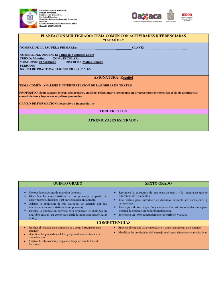 Planeación Multigrado Español | PDF | Teatro | Educación primaria