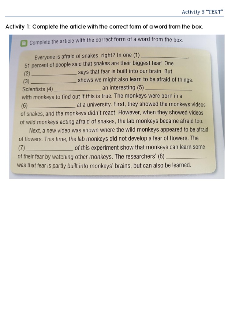 Activity 1: Complete The Article With The Correct Form of A Word From ...