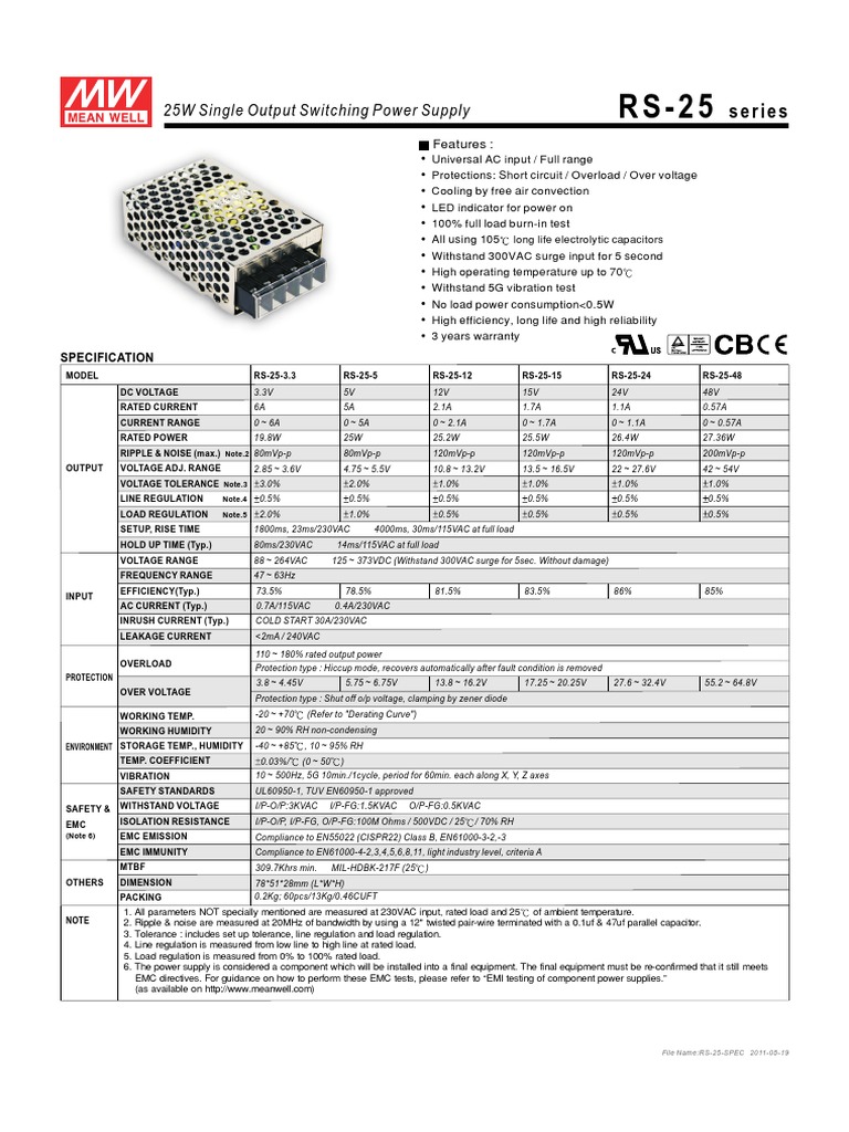 25W Single Output Switching Power Supply: Series | PDF | Power Supply ...