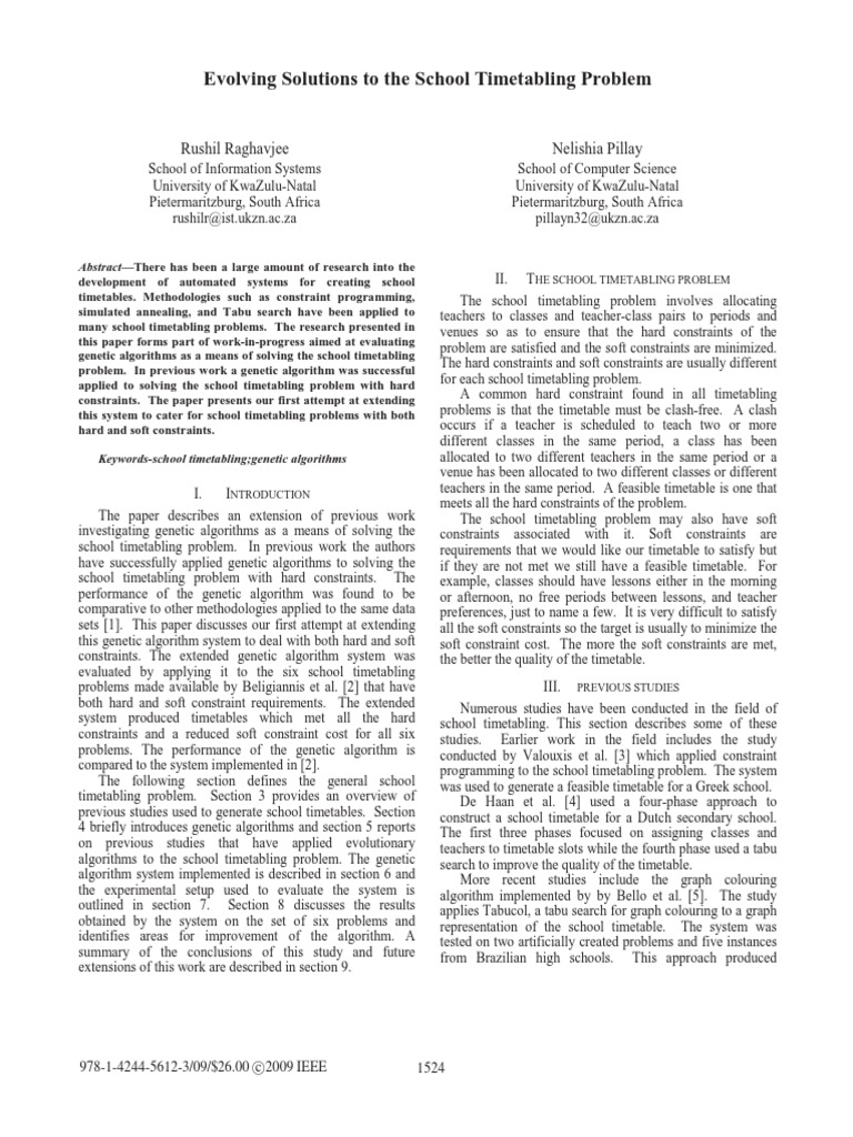 Evolving Solutions To The School Timetabling Problem: Rushil Raghavjee Nelishia Pillay ...