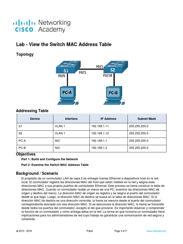 7.3.7 Lab - View The Switch Mac Address Table | PDF | Conmutador de red | Red de computadoras