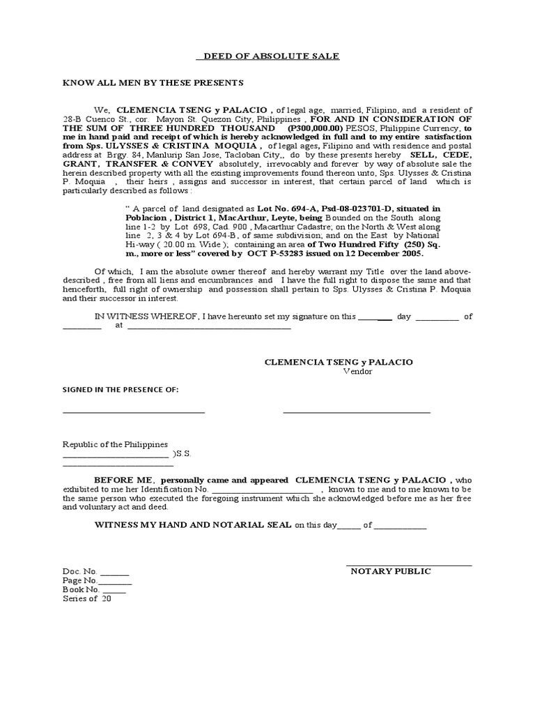 DEED-OF-ABSOLUTE-SALE-with-ACKNOWLEDGEMENT-DAYDAY & MARK DYdocx | PDF | Property | Civil Law ...