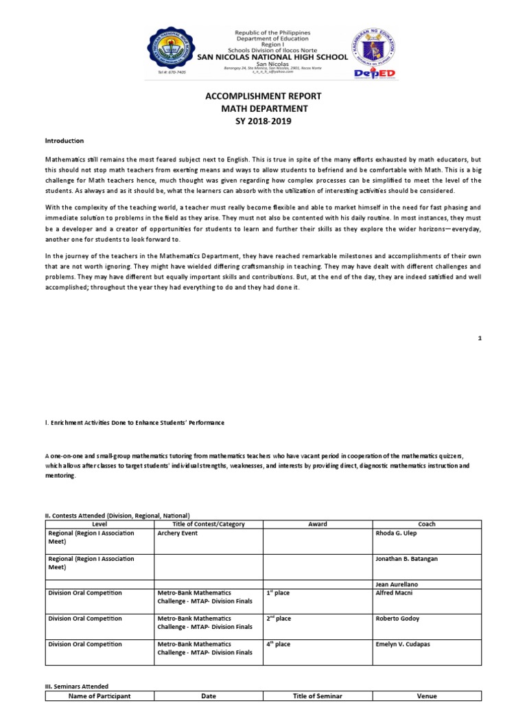 Accomplishment Report Math Department | PDF | Lesson Plan | Teaching ...