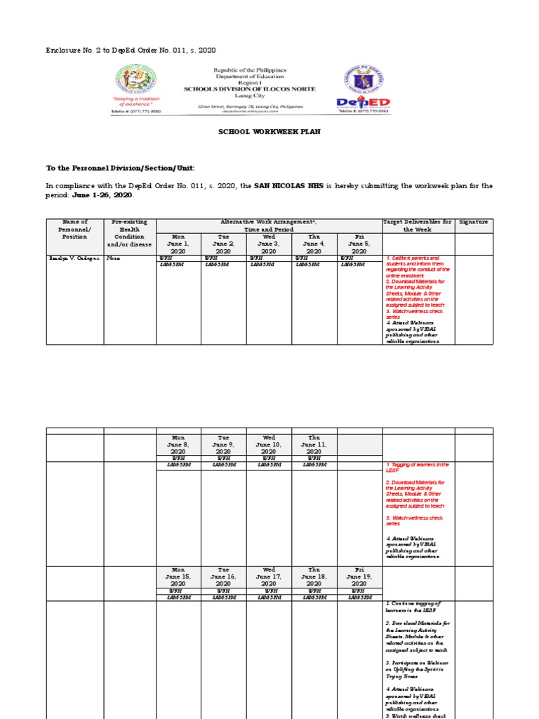 Enclosure No. 2 To Deped Order No. 011, S. 2020: School Workweek Plan | PDF | Learning ...