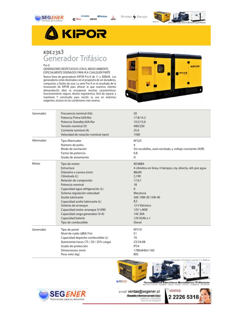 Generador Electrico Kipor Kde23s3 Diesel 18kva | PDF | Generador eléctrico | Motor diesel