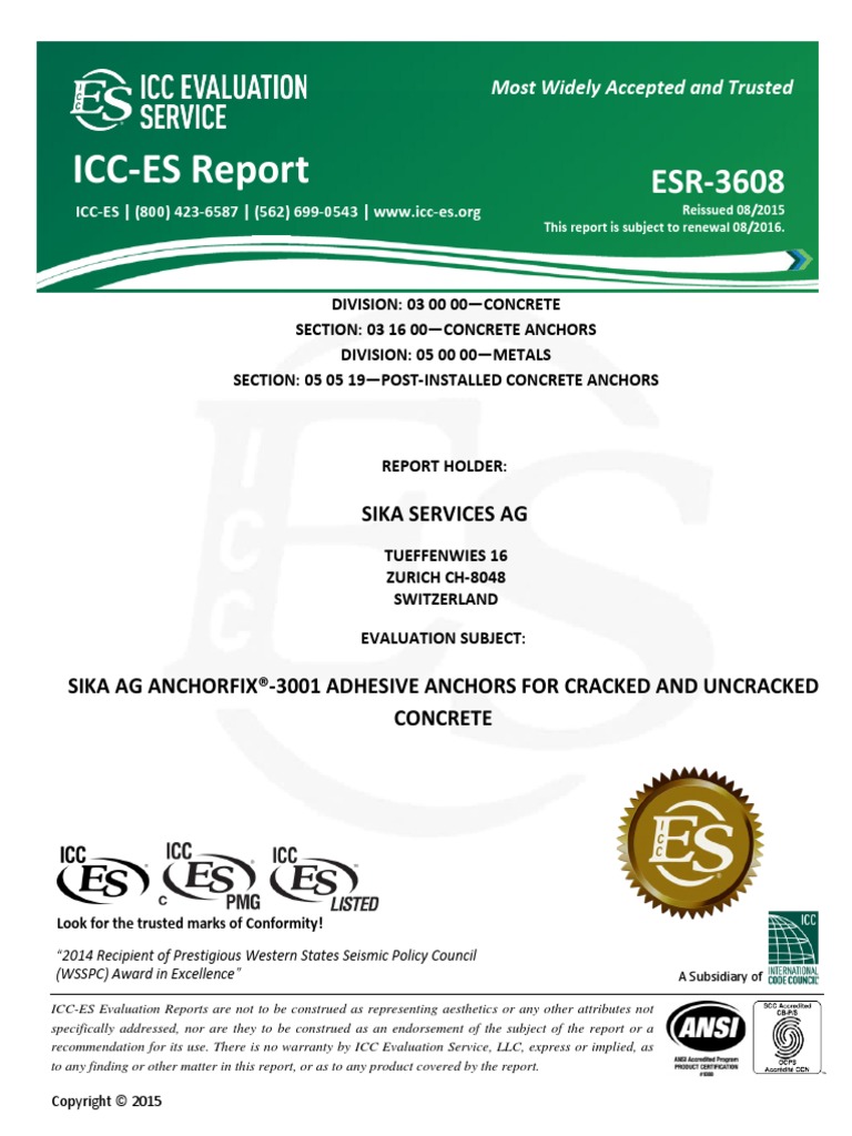 ICC-ESR - 3608 (Sika AnchorFix-3001) | PDF | Strength Of Materials | Concrete