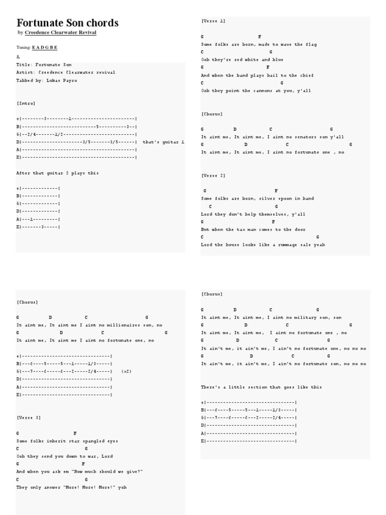 Fortunate Son Chords & Lyrics | PDF | Song Structure | Musical Compositions