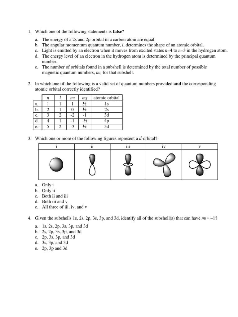 Quantum Numbers and Atomic Orbitals Quiz | PDF | Atomic Orbital ...