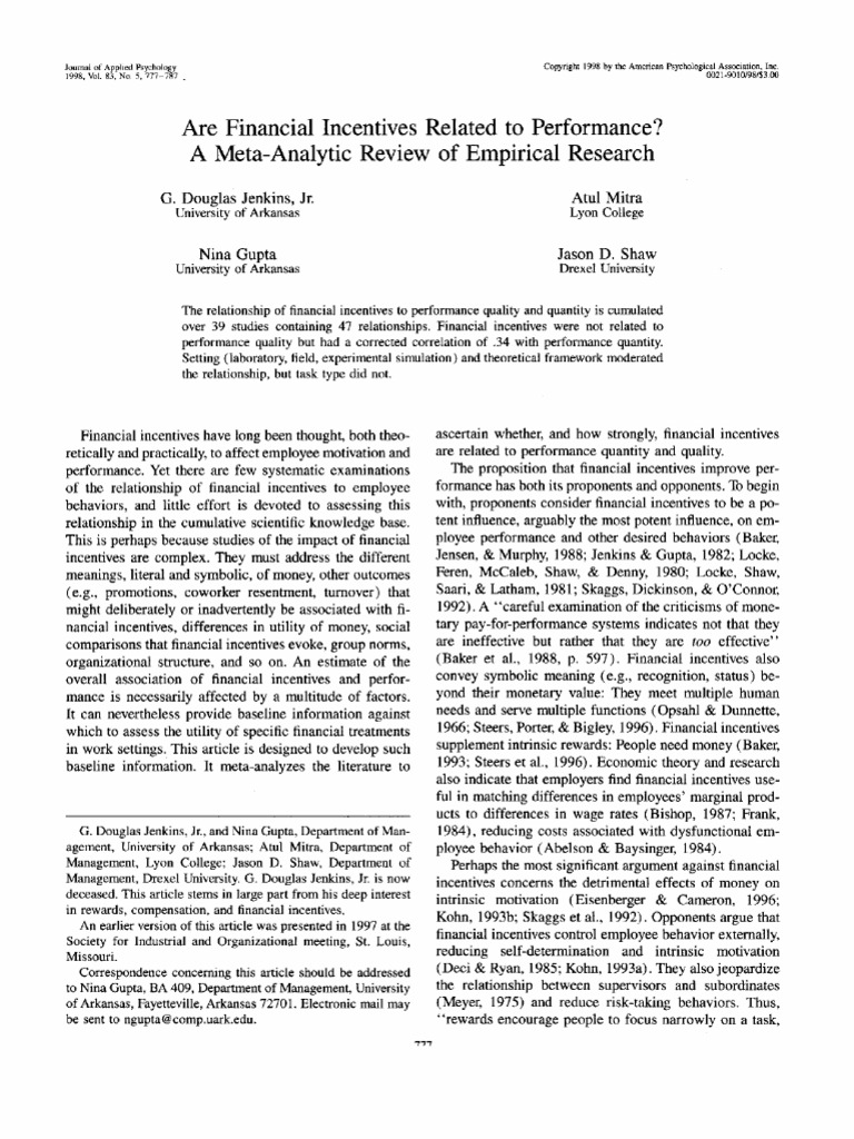 Are Financial Incentives Related To Performance - A Meta-Analytic ...