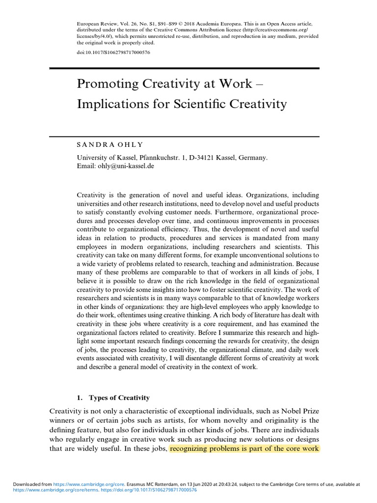 Promoting Creativity at Work Implications For Scientific Creativity ...