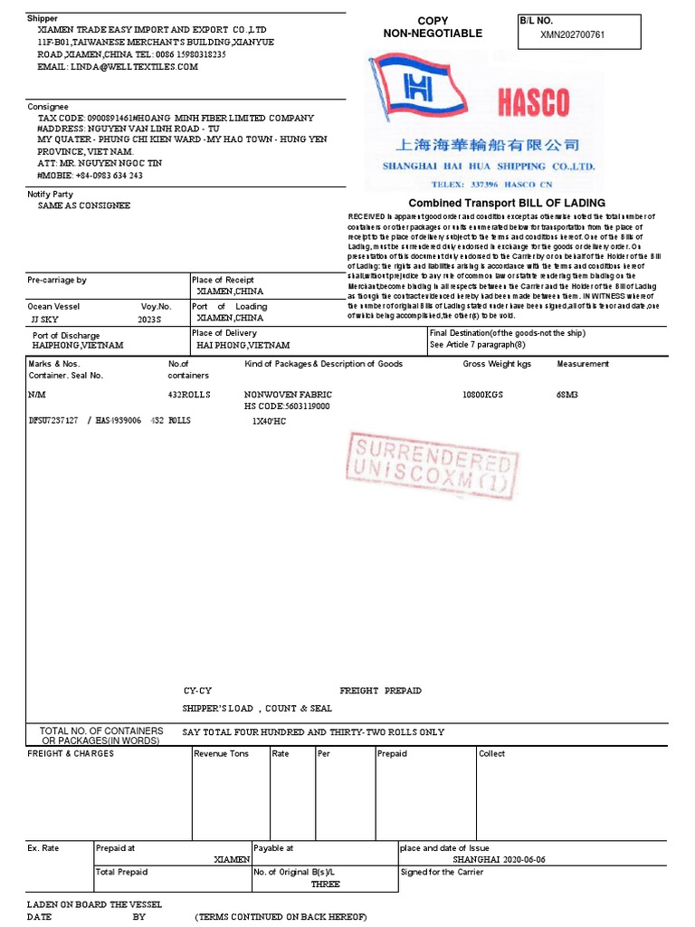 Copy Non-Negotiable: Shipper | PDF | Bill Of Lading | Cargo
