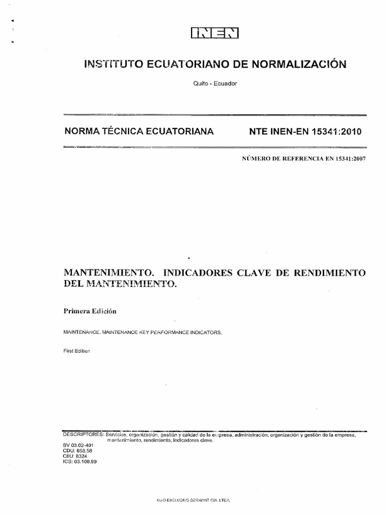 NTE INEN EN 15341 - Indicadores MTTO KPI 2010 PDF | PDF