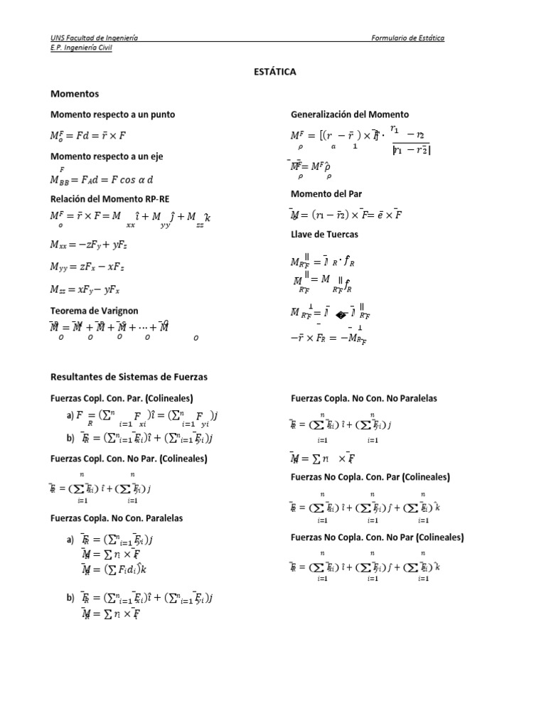 Formulario Estatica | PDF | Física | Análisis matemático