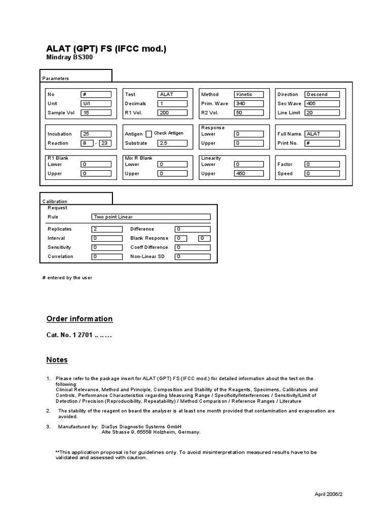 ALAT (GPT) FS (IFCC mod.) Mindray BS300 Parameters | PDF | Sensitivity And Specificity | Chemistry