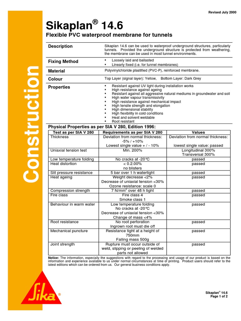 Sikaplan 14.6 - Flexible PVC For Tunnels | PDF | Polyvinyl Chloride ...