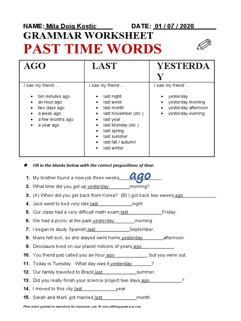 Past Time Words: Grammar Worksheet | PDF | Nature