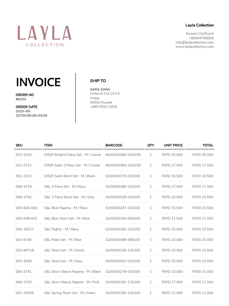 Layla Collection Invoice for Sara Sara Detailing a Variety of Women's ...