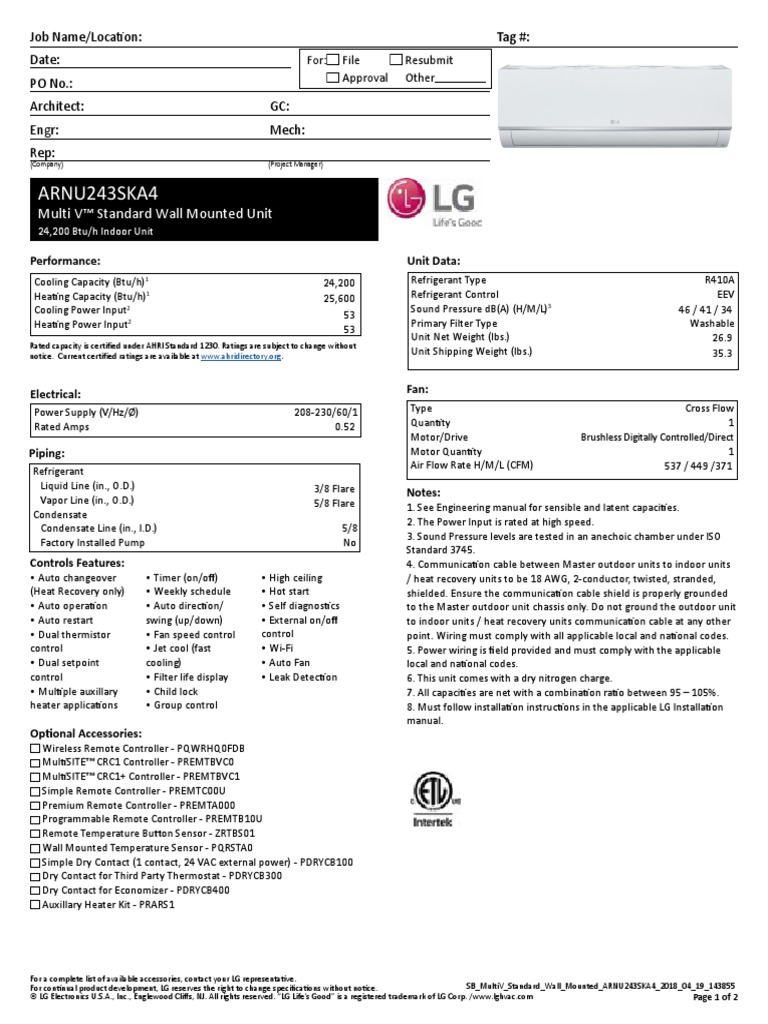 ARNU243SKA4: Multi V™ Standard Wall Mounted Unit | PDF | Thermostat ...