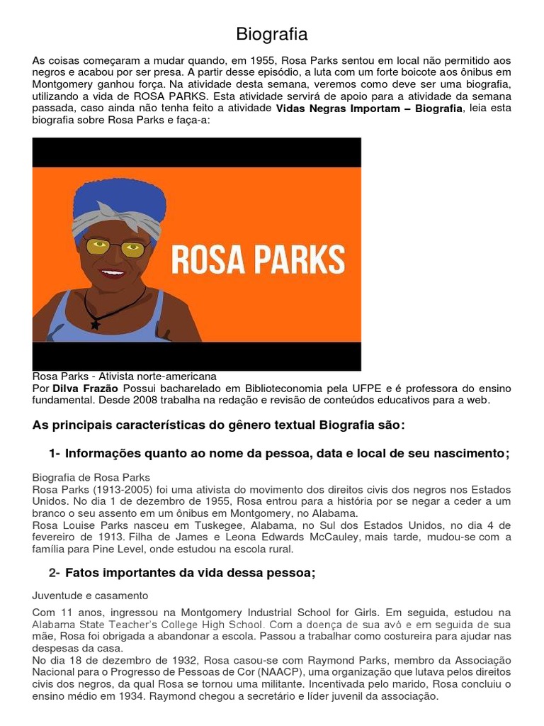 Biografia - Rosa Parks | PDF | Rosa Parks | Questões sociais (geral)