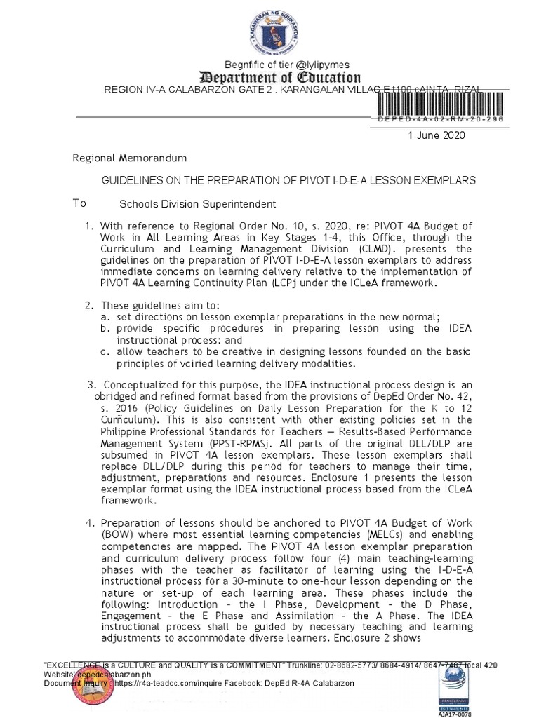 PIVOT 4A Lesson Exemplar Guidelines | PDF | Curriculum | Teachers