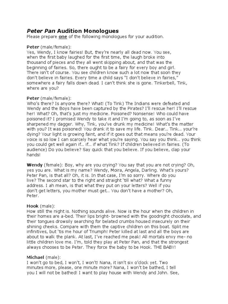 Peter Pan Monologues | PDF | Peter Pan