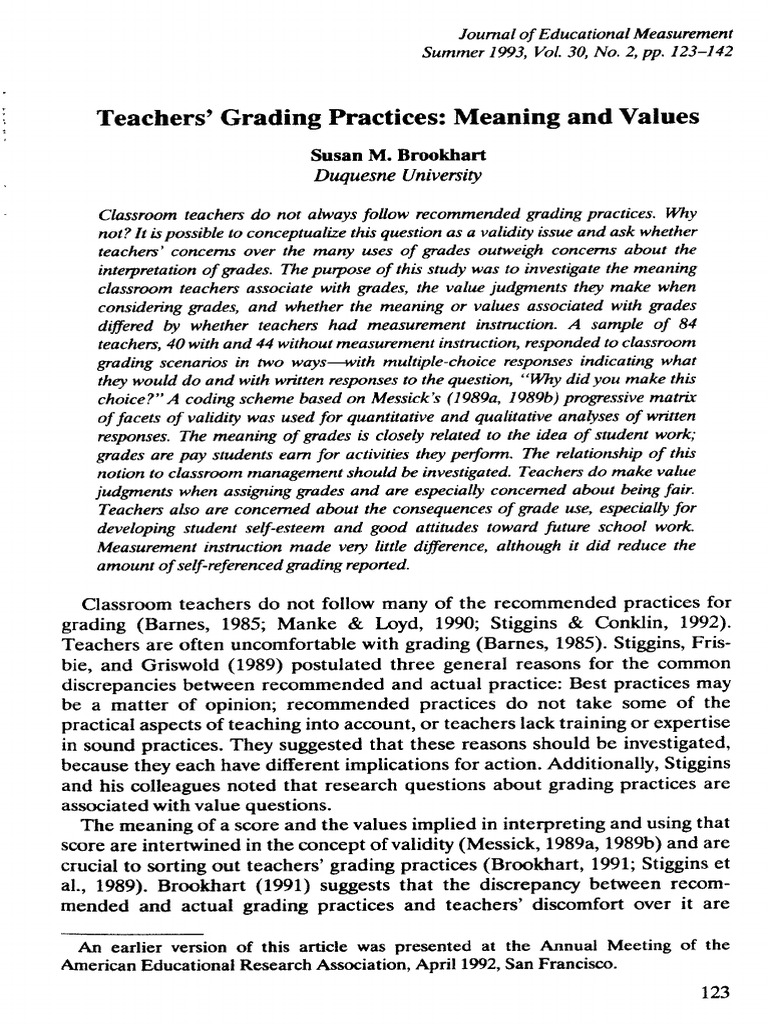 1993 - Brookhart - Teachers Grading Practices Meaning and Values | PDF ...