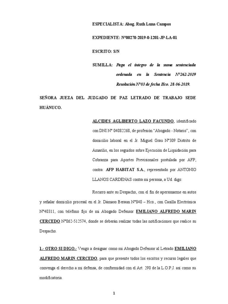 ALCIDES AGLIBERTO LAZO FACUNDO Apersonamiento Juzgado de Trabajo Habitat Sa | PDF | Justicia ...