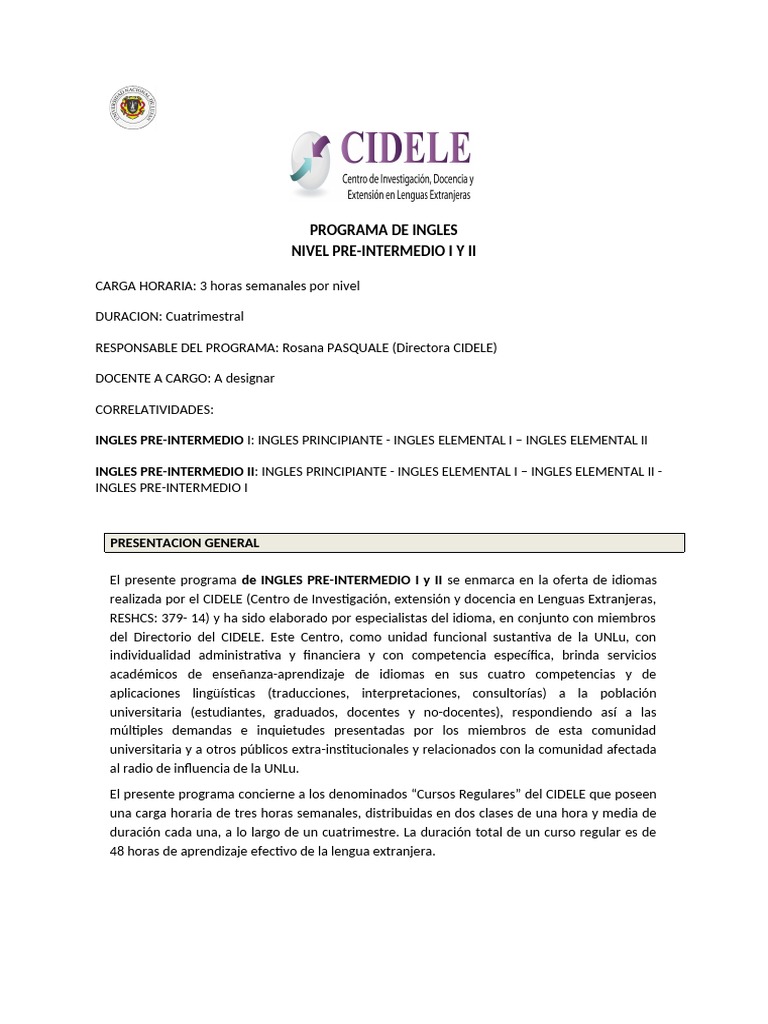 PROGRAMA - DE - INGLES - PRE - INTERMEDIO - I - y - II 2018-2019 | PDF ...