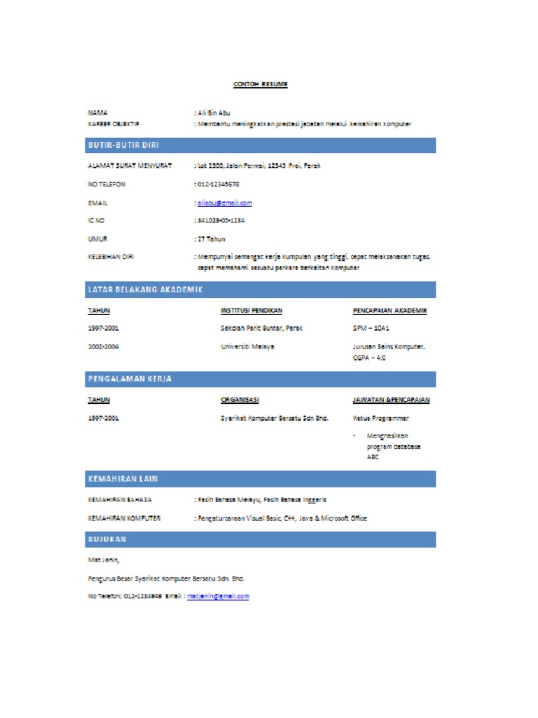 Contoh Resume Memohon Kerja Kosong Dalam Sektor Kerajaan | PDF