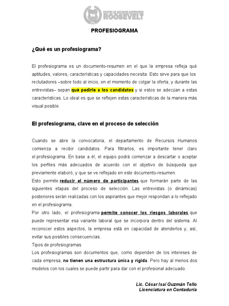 PROFESIOGRAMA | PDF | Gestión de recursos humanos | Cognición