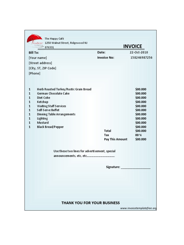 Catering Invoice Sample Template | PDF