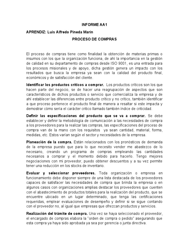 Informe Proceso de Compras | Descargar gratis PDF | Calidad (comercial ...
