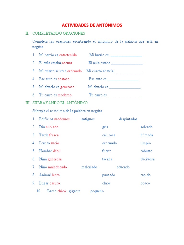 Actividades de Antónimos para Niños | PDF