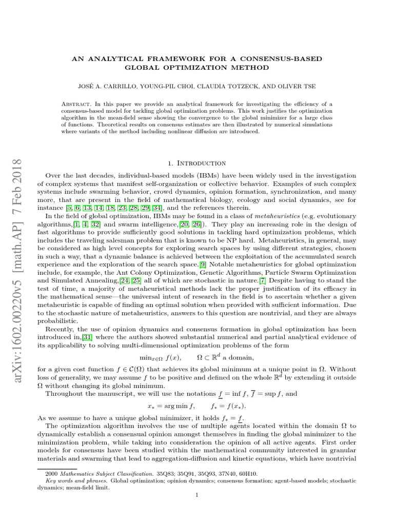 An Analytical Framework For A Consensus-Based Global Optimization Method | PDF | Metaheuristic ...