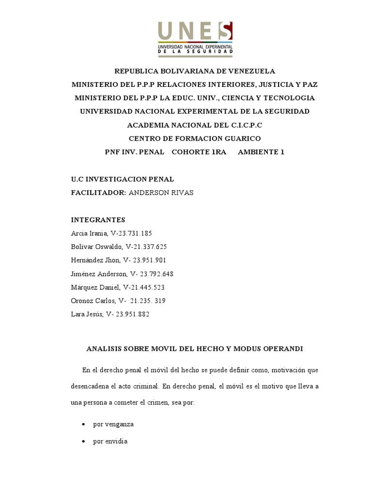 Movil Del Hecho y Modus Operandi, Inv Penal | PDF | Derecho penal ...