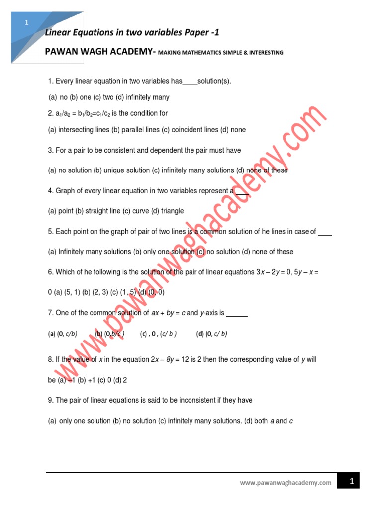 Linear Equations in Two Variables Quiz | PDF | Equations | Cartesian ...