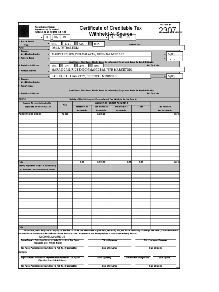 Certificate of Creditable Tax Withheld at Source: Marfrancisco ...