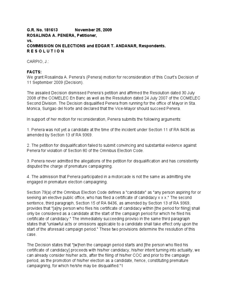 G.R. No. 181613 November 25, 2009 ROSALINDA A. PENERA, Petitioner, vs ...