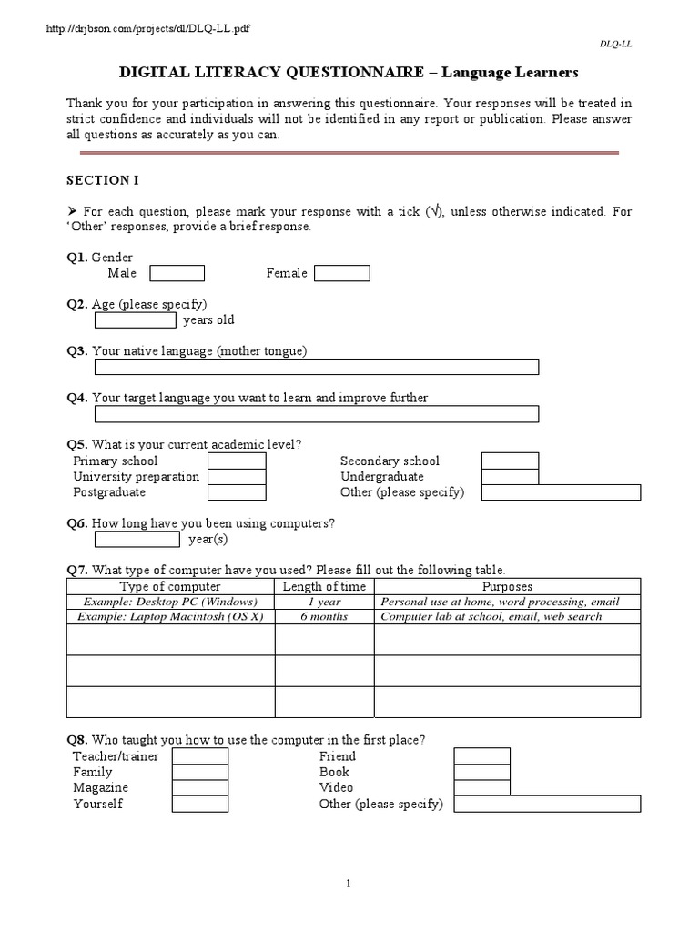 Digital Literacy Questionnaire - Language Learners | PDF | Application ...