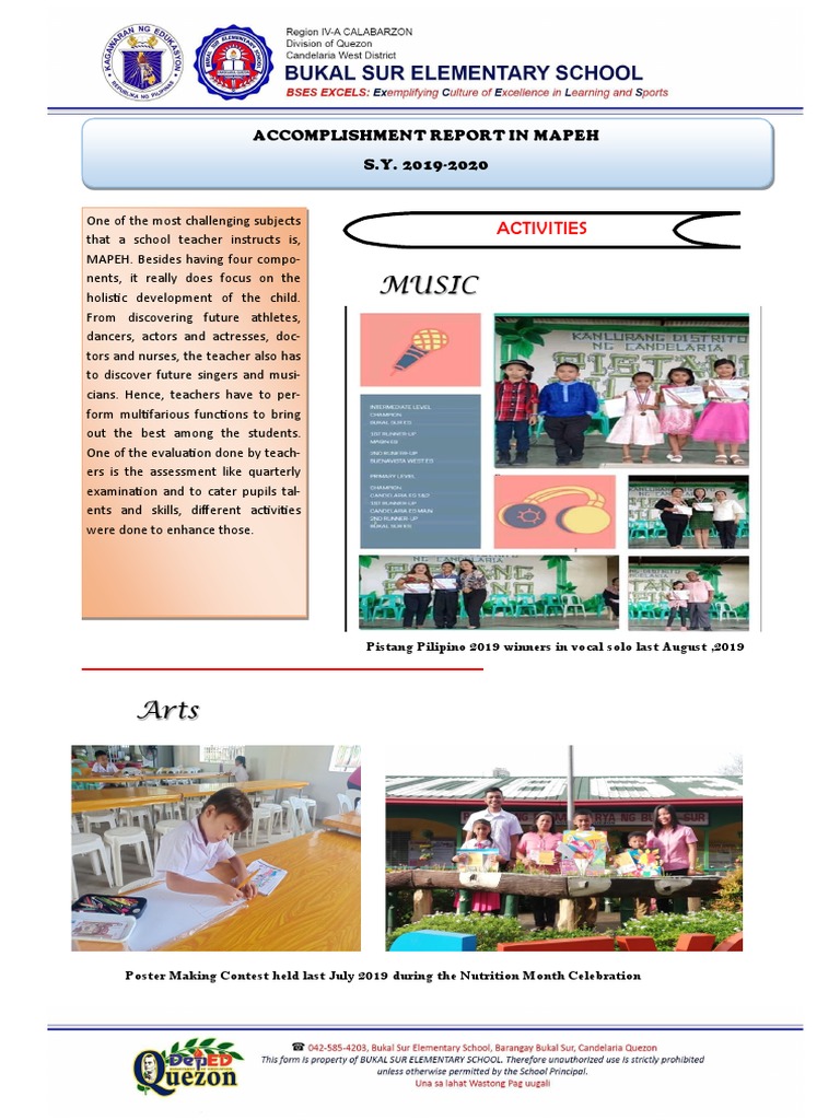 Music: Accomplishment Report in Mapeh S.Y. 2019-2020 | PDF | Physical ...
