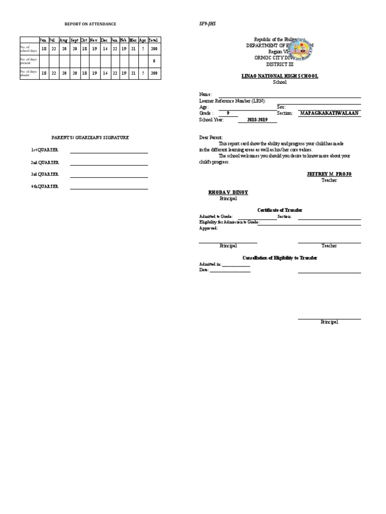 Report On Attendance: Sf9-Jhs | PDF | Psychological Concepts | Cognition
