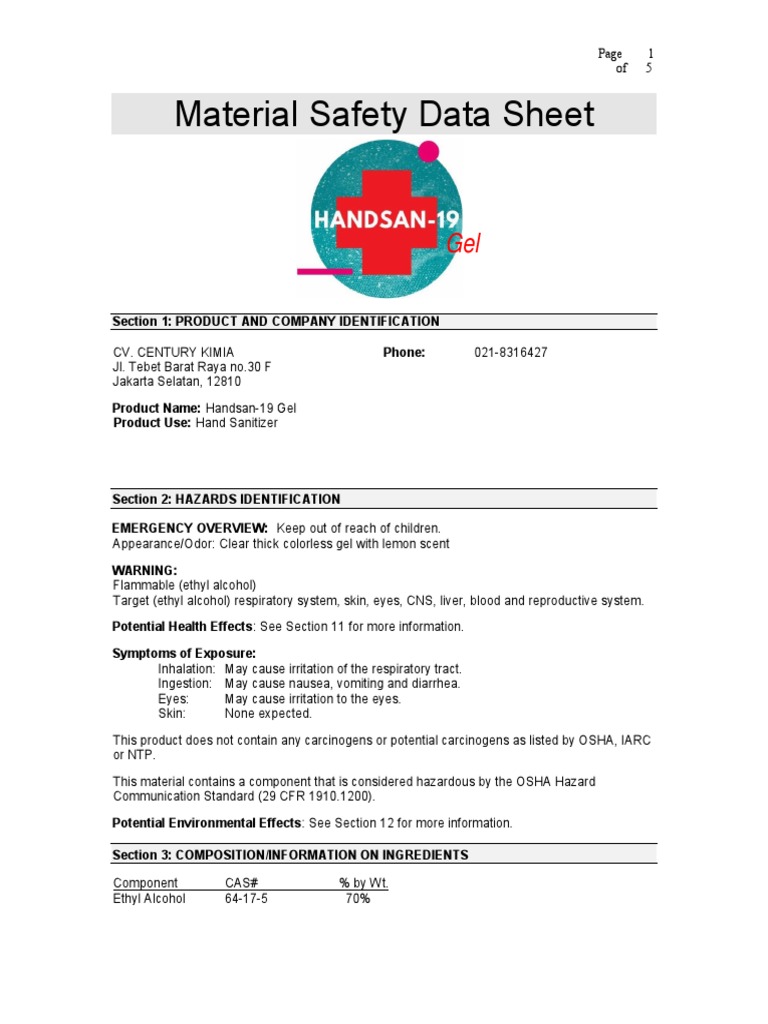 Handsan-19 Gel MSDS | PDF | Fires | Ethanol