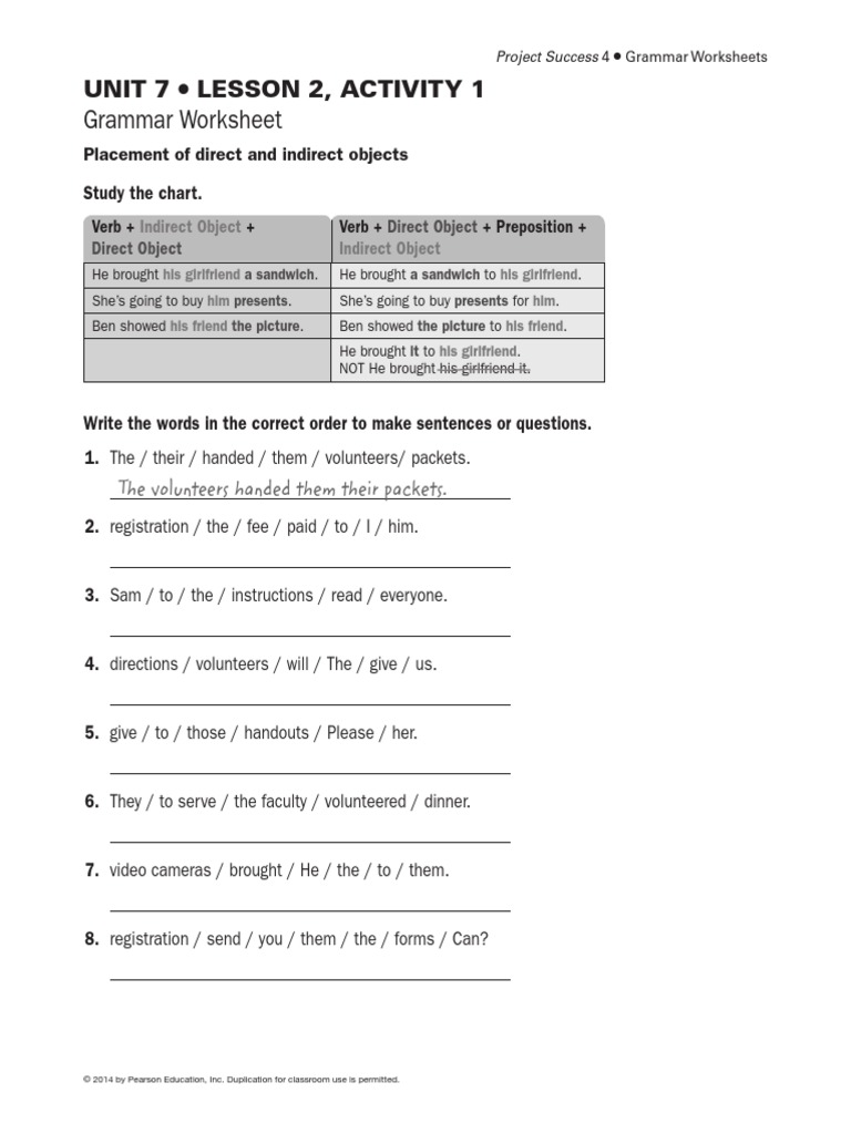 Unit 7, Lesson 2, Grammar Placement of Direct and Indirect Objects ...