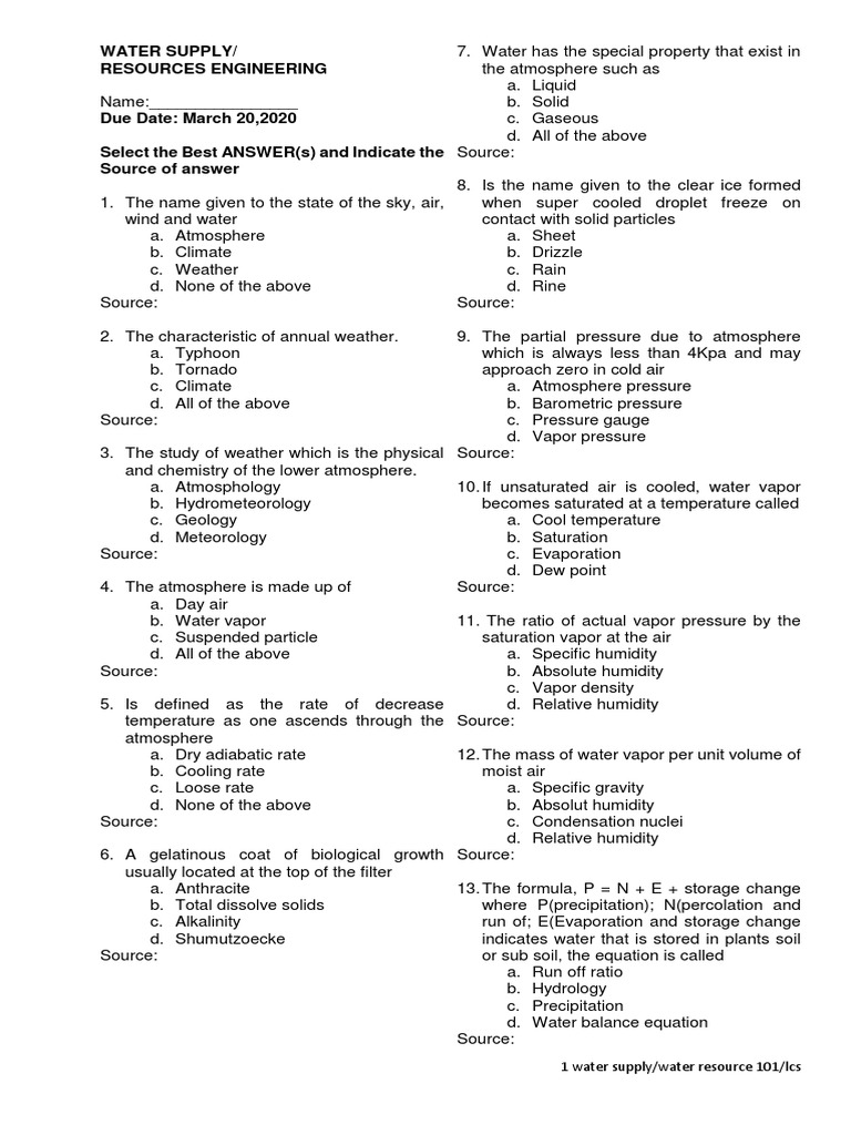 Water Supply-Water Resource MCQ | PDF | Water Vapor | Alkalinity