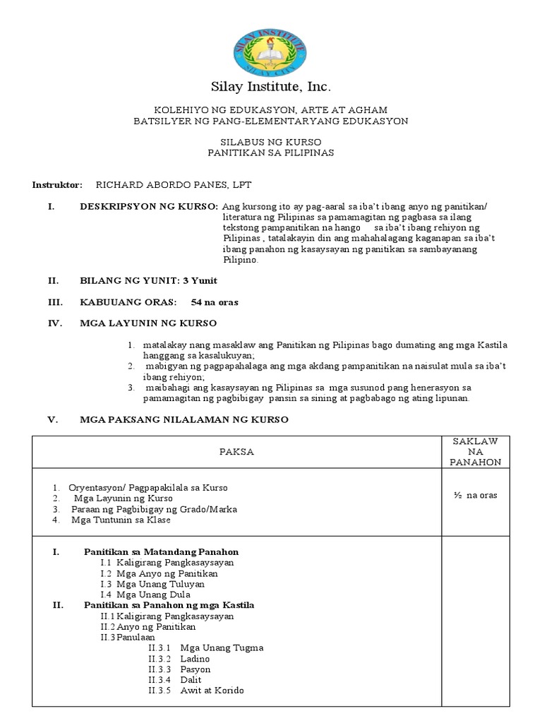 Silabus NG Kurso Sa Panitikan Sa Pilipinas | PDF